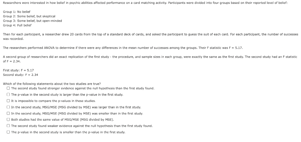 Solved Researchers were interested in how belief in psychic | Chegg.com