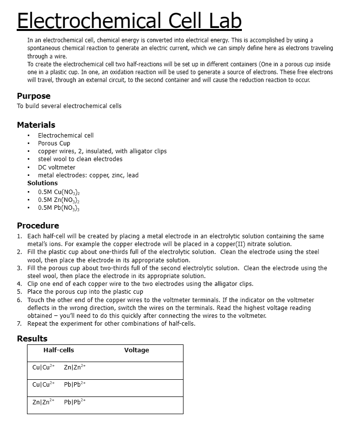 Solved Electrochemical Cell Lab In an electrochemical cell, | Chegg.com