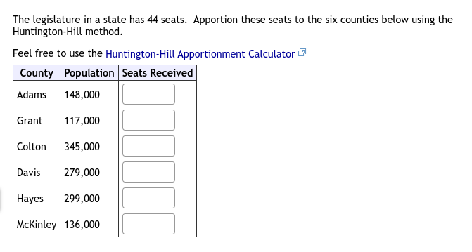 Solved The legislature in a state has 44 ﻿seats. Apportion | Chegg.com