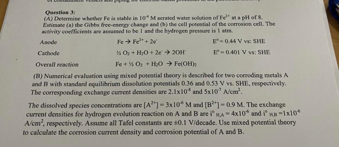 Solved Question 3: (A) Determine whether Fe is stable in | Chegg.com