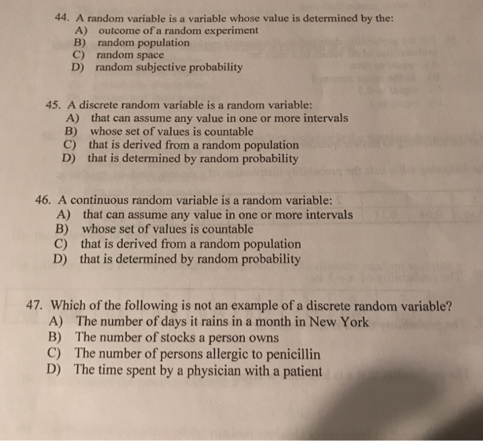 Solved 44 A Random Variable Is A Variable Whose Value Is 