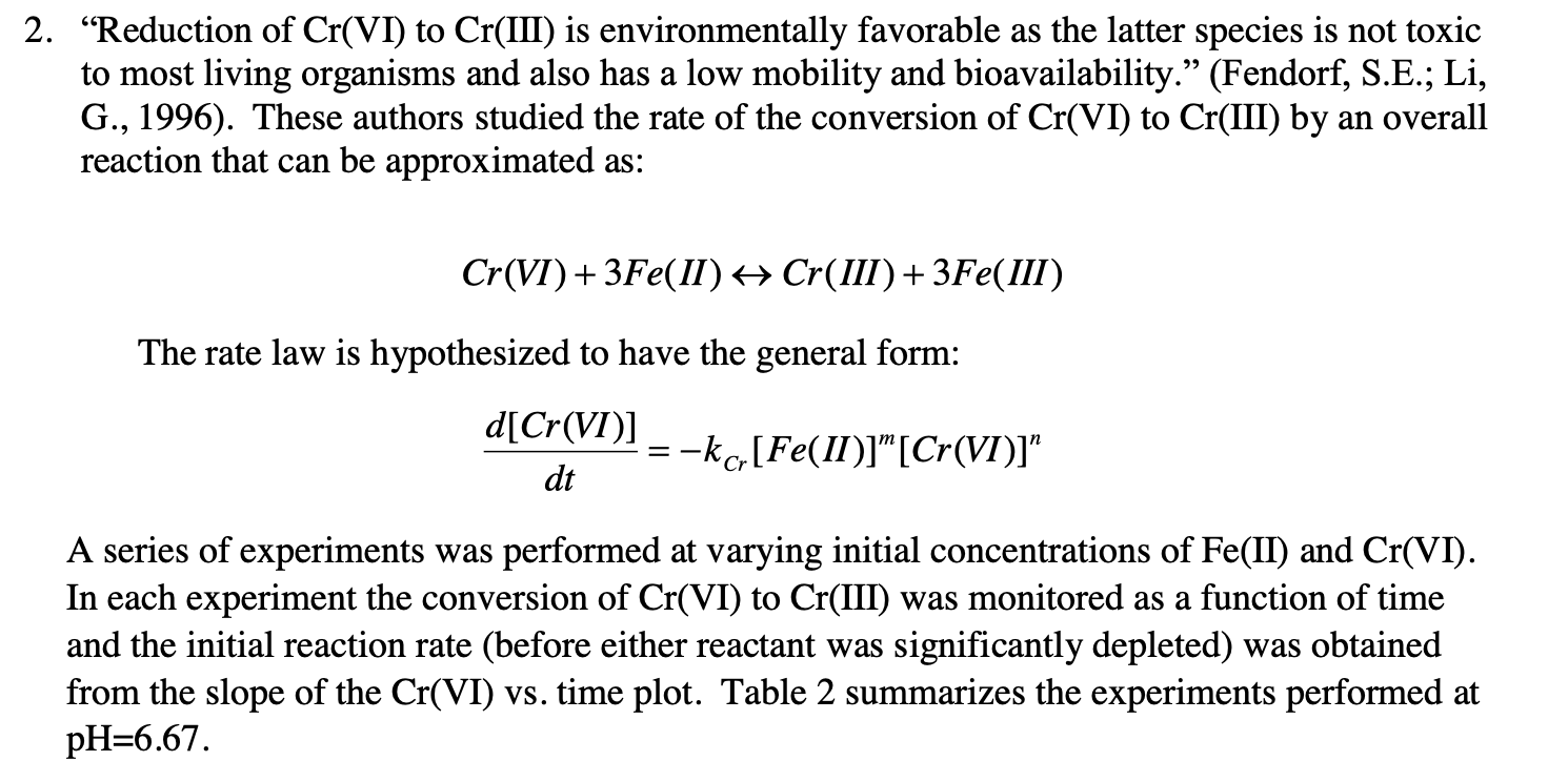 Solved 2. "Reduction of Cr(VI) to Cr(III) is environmentally | Chegg.com