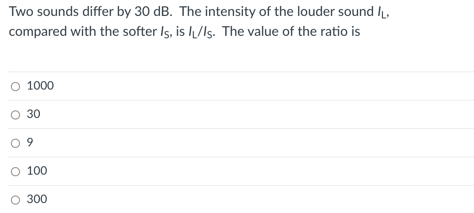 Solved Two sounds differ by 30 dB. The intensity of the | Chegg.com