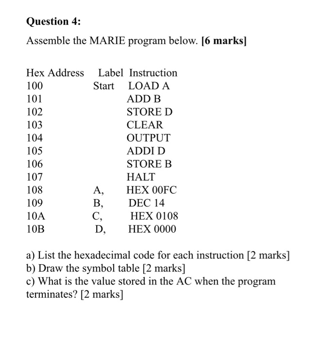 Solved Question 4: Assemble the MARIE program below. [6 | Chegg.com