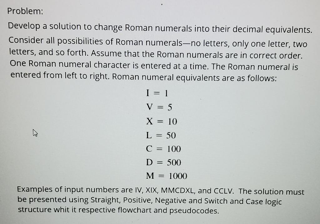 Solved Problem: Develop a solution to change Roman numerals | Chegg.com