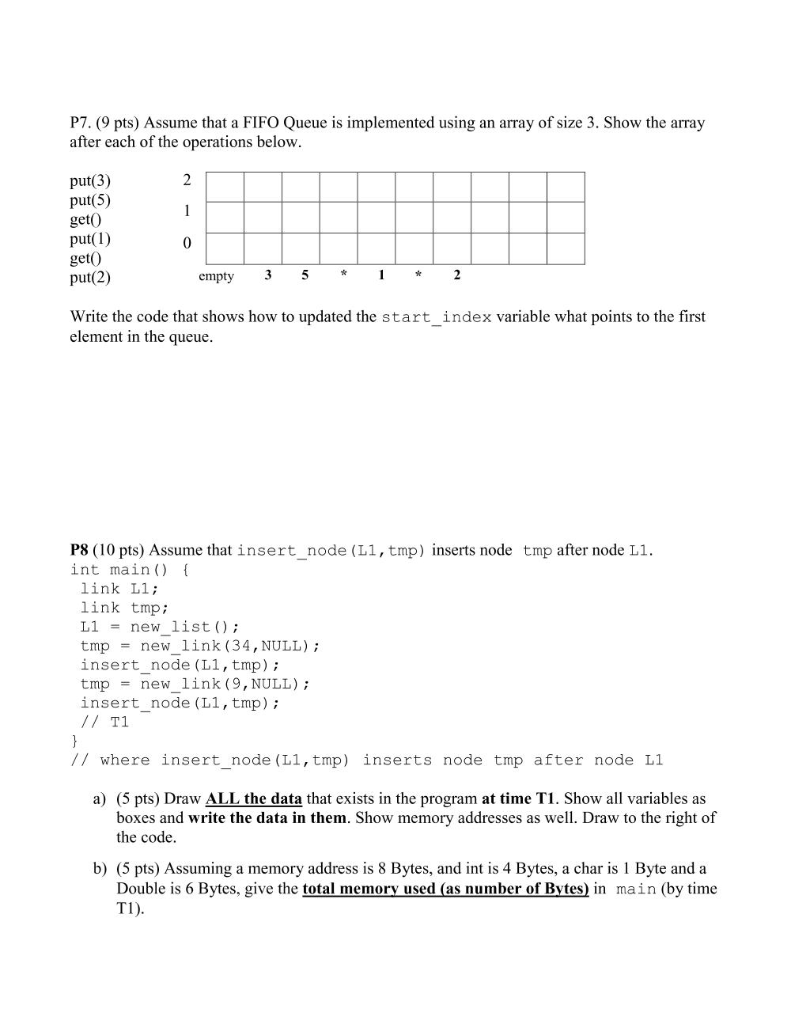 Solved P7. (9 pts) Assume that a FIFO Queue is implemented | Chegg.com