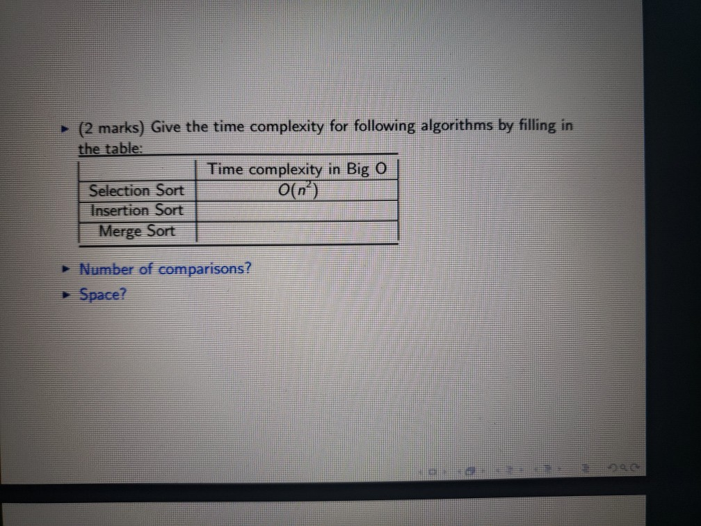 Solved > (2 marks) Give the time complexity for following | Chegg.com