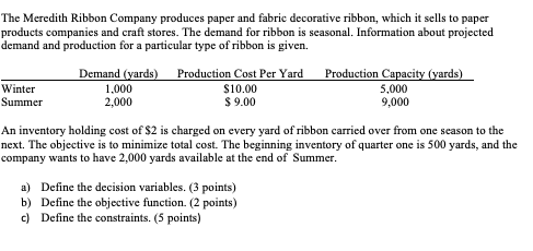 Solved The Meredith Ribbon Company produces paper and fabric | Chegg.com