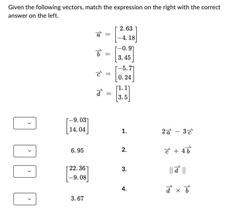 Solved Given the following vectors, match the expression on | Chegg.com