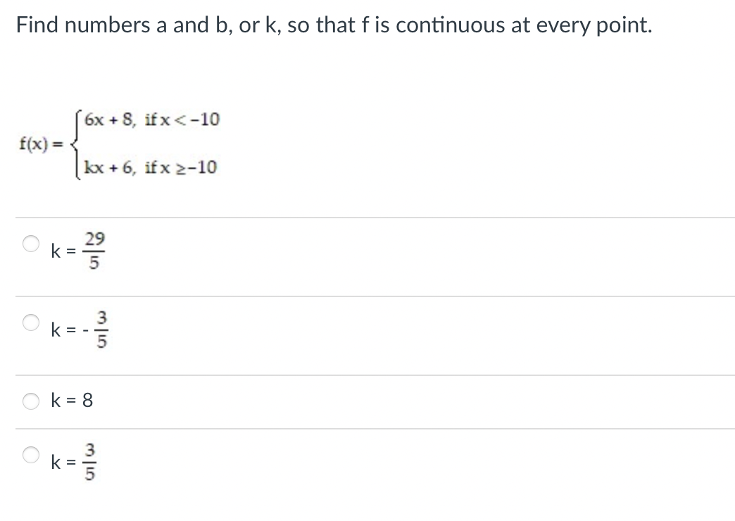 Solved Find numbers a and b, or k, so that f is continuous | Chegg.com