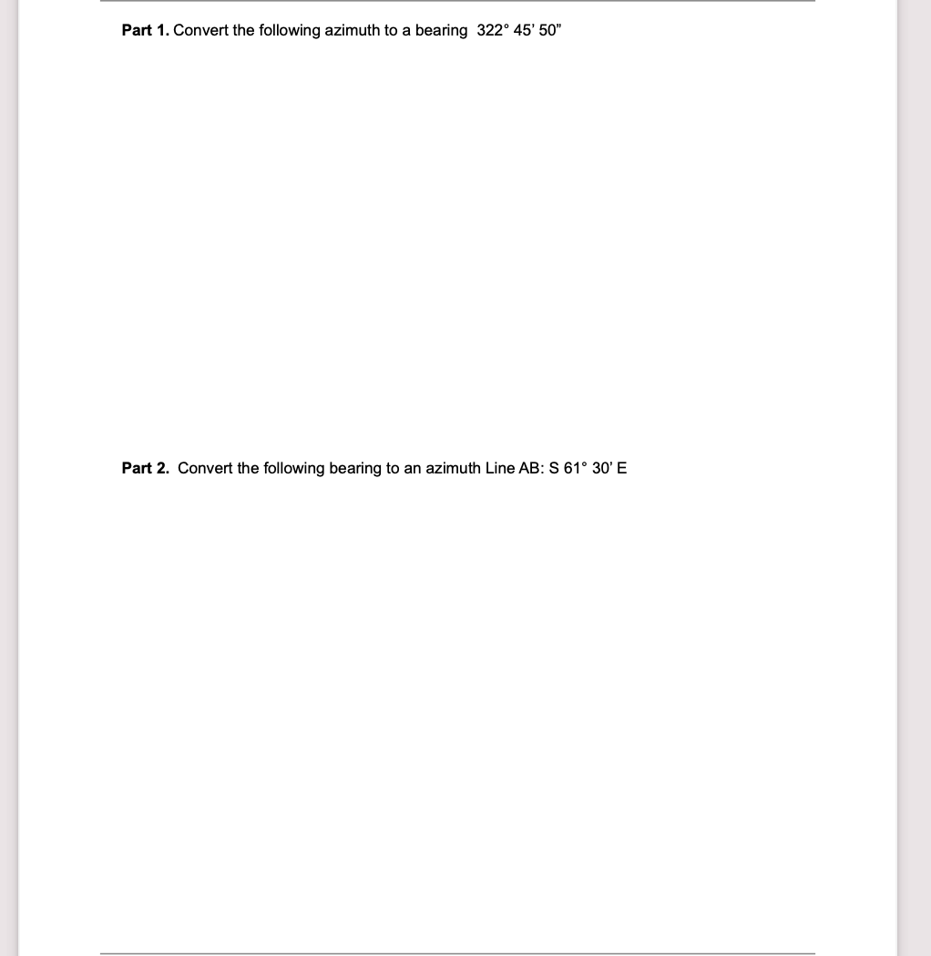 Solved Part 1. Convert the following azimuth to a bearing | Chegg.com