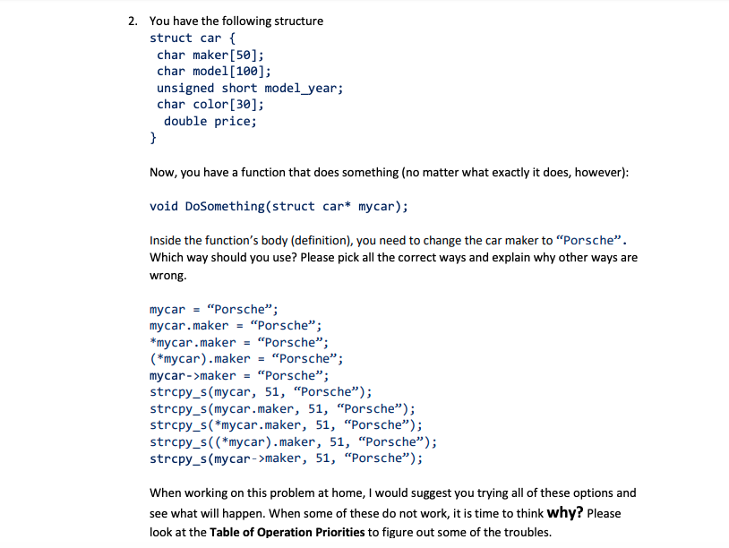 2. You have the following structure struct car { char | Chegg.com