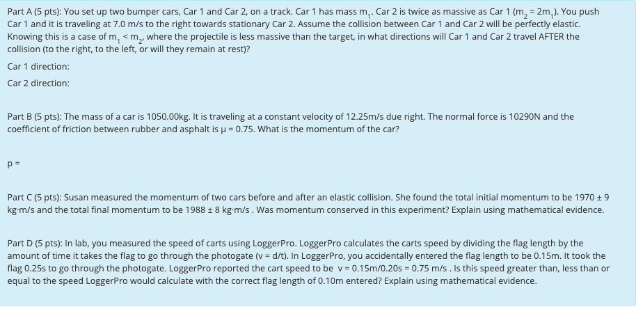 Solved Part A (5 pts): You set up two bumper cars, Car 1 and | Chegg.com