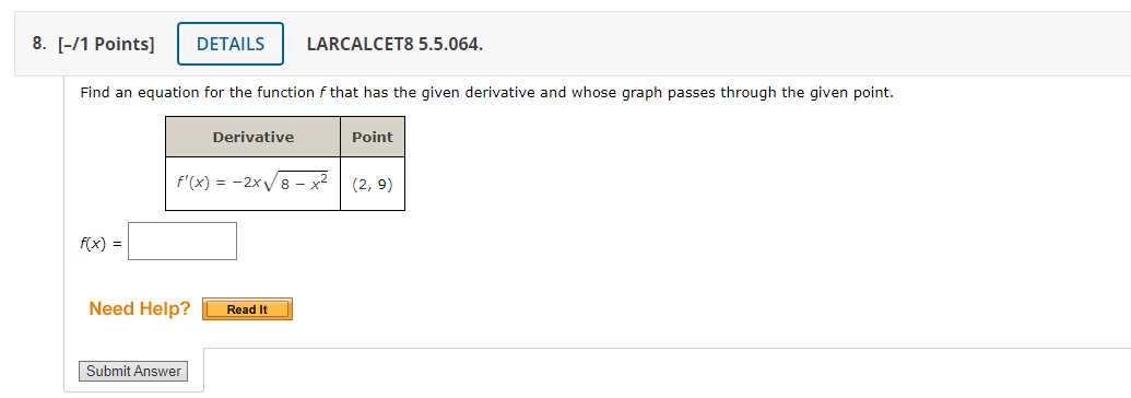 Solved 8. [−/1 Points] DETAILS LARCALCET8 5.5.064. Find an | Chegg.com