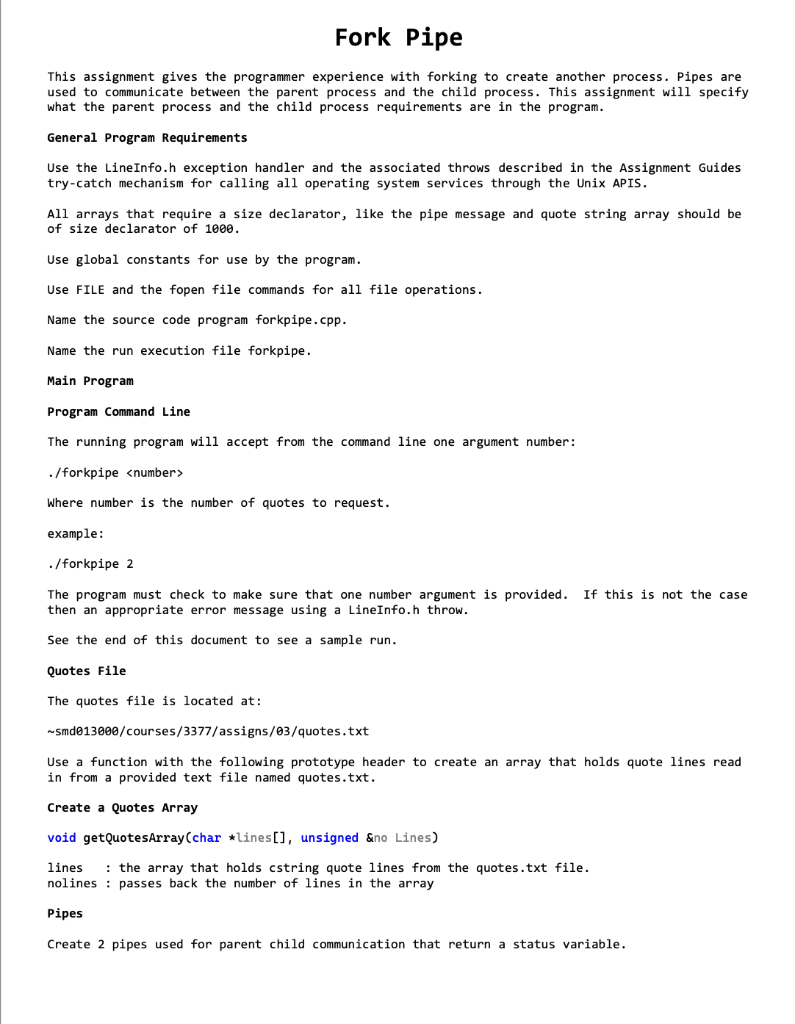 Fork Pipe This assignment gives the programmer | Chegg.com