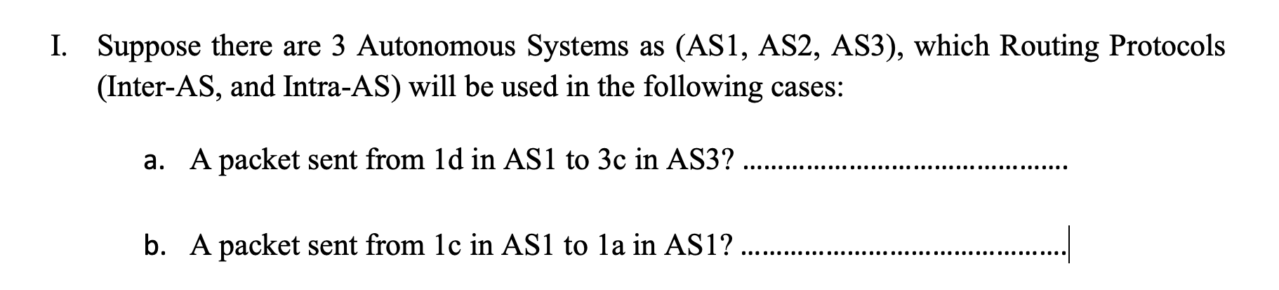 Solved I. Suppose there are 3 Autonomous Systems as (AS1, | Chegg.com