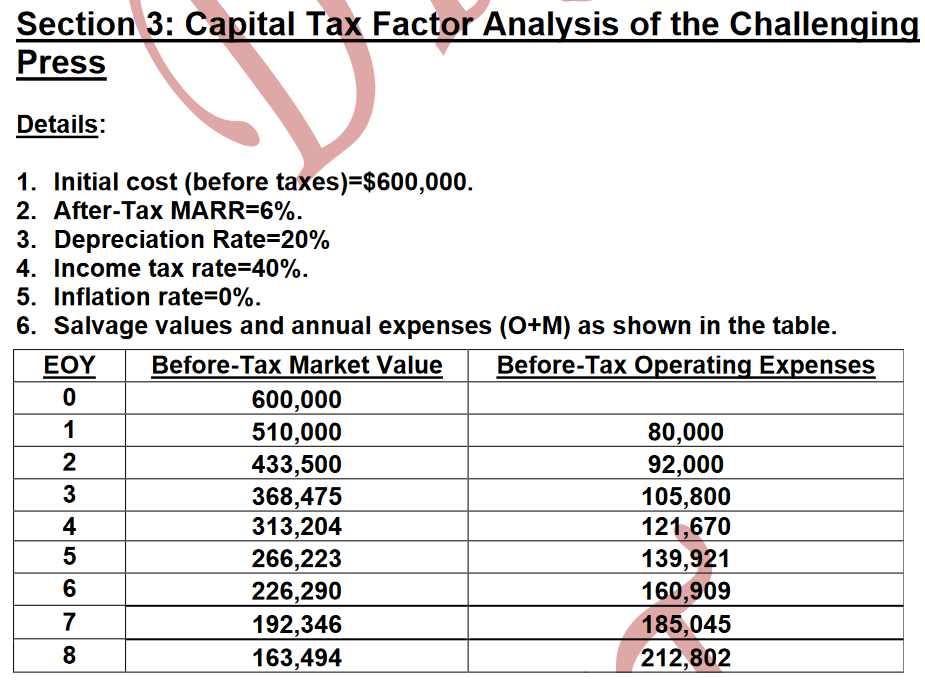 Section 3: Capital Tax Factor Analysis of the | Chegg.com