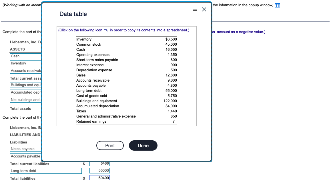 Solved (Working with an incom the information in the popup | Chegg.com