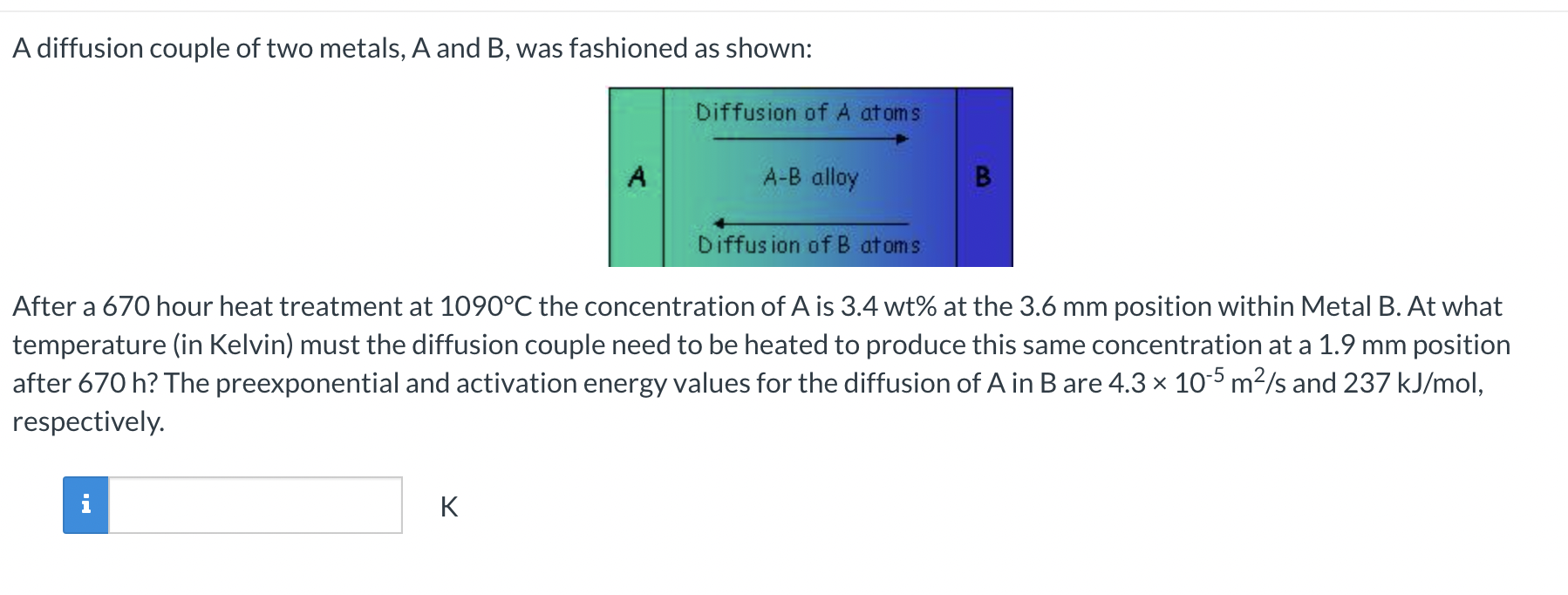 Solved A diffusion couple of two metals, A and B, was | Chegg.com