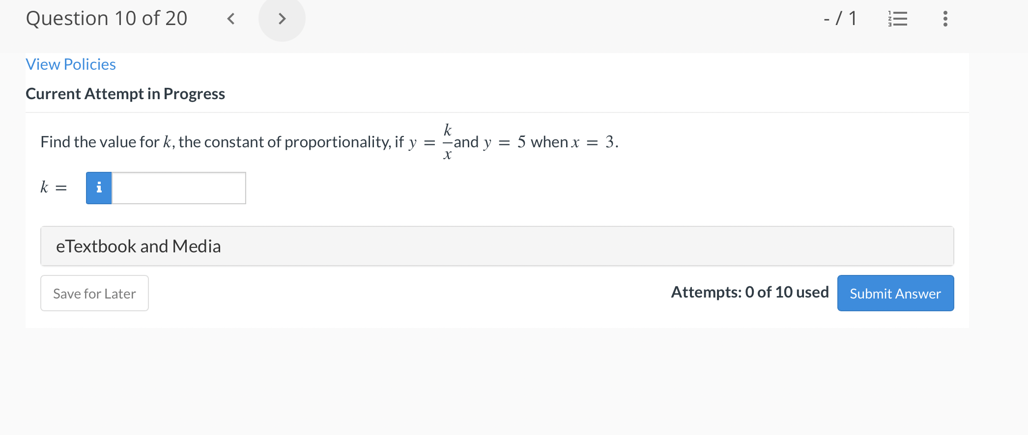 Solved Question 10 of 20 View Policies Current Attempt in | Chegg.com