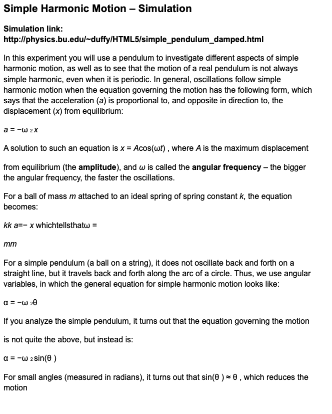 Simple Harmonic Motion - Simulation Simulation link: | Chegg.com