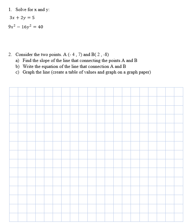 Solved 1. Solve for x and y: 3x + 2y = 5 9x2 – 16y2 = 40 2. | Chegg.com