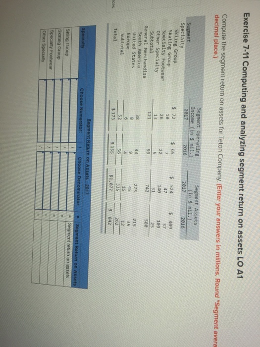 Solved Exercise 7-11 Computing and analyzing segment return | Chegg.com