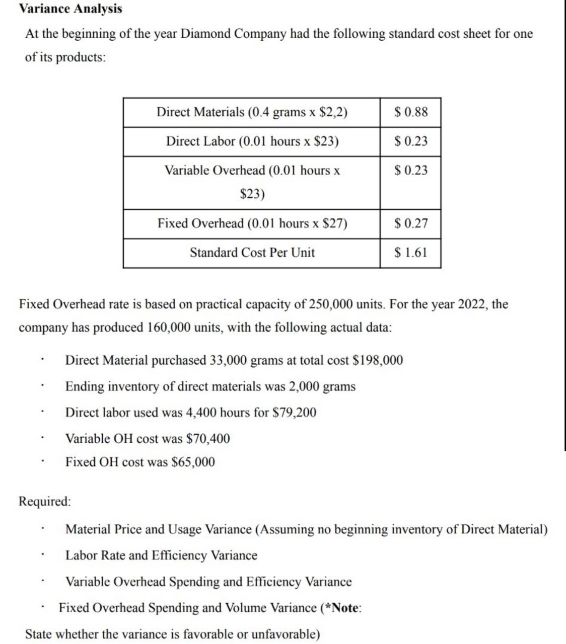 Solved Variance AnalysisAt the beginning of the year Diamond | Chegg.com