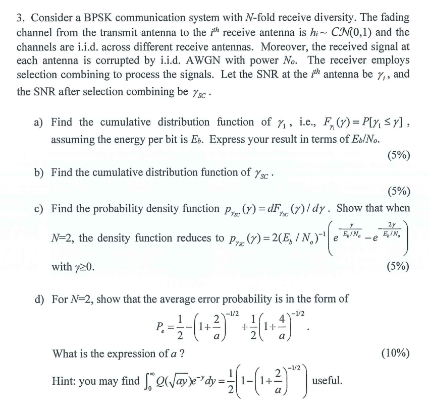 Solved 3. Consider a BPSK communication system with N-fold | Chegg.com
