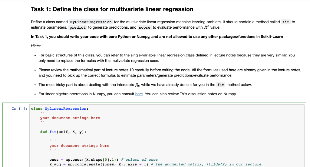 Solved Task 1: Define the class for multivariate linear | Chegg.com