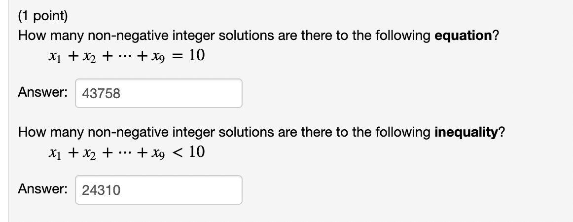 Solved (1 point) How many non-negative integer solutions are | Chegg.com