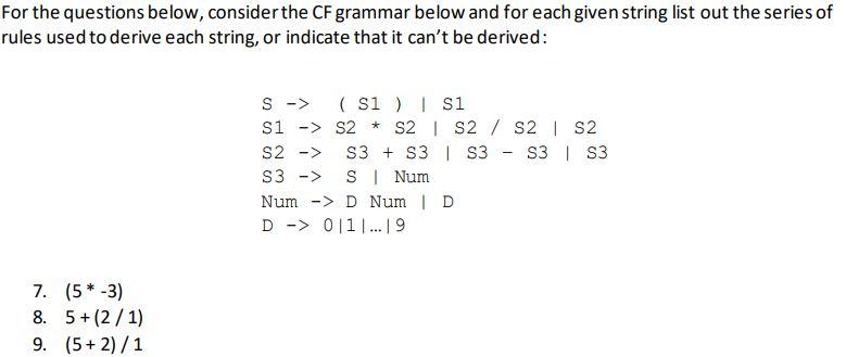 Solved For the questions below, consider the CF grammar | Chegg.com