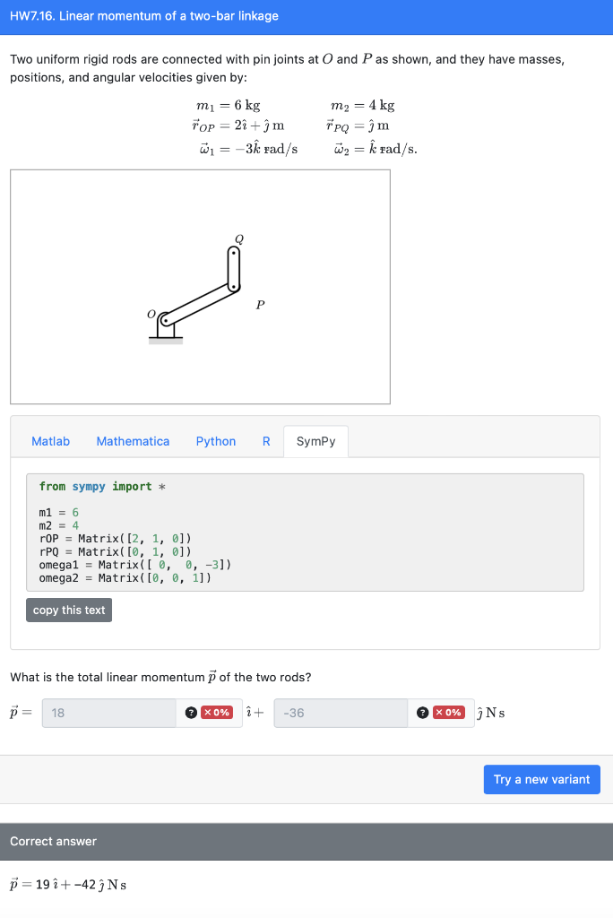 Solved HW7.16. Linear momentum of a two-bar linkage Two | Chegg.com