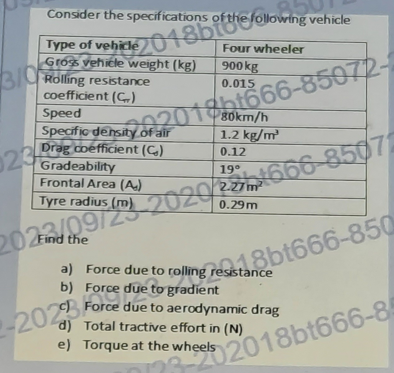 Solved Consider the specifications of the following vehicle | Chegg.com