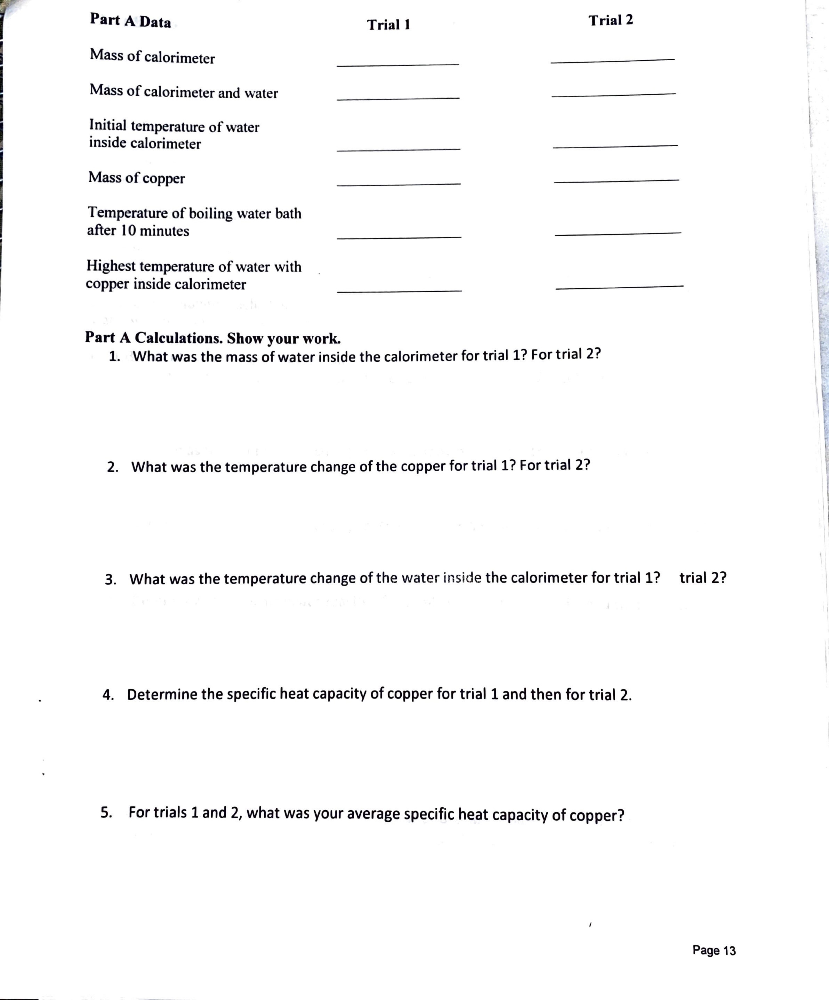 PART A. Specific Heat Capacity of Copper 1. Fill a | Chegg.com