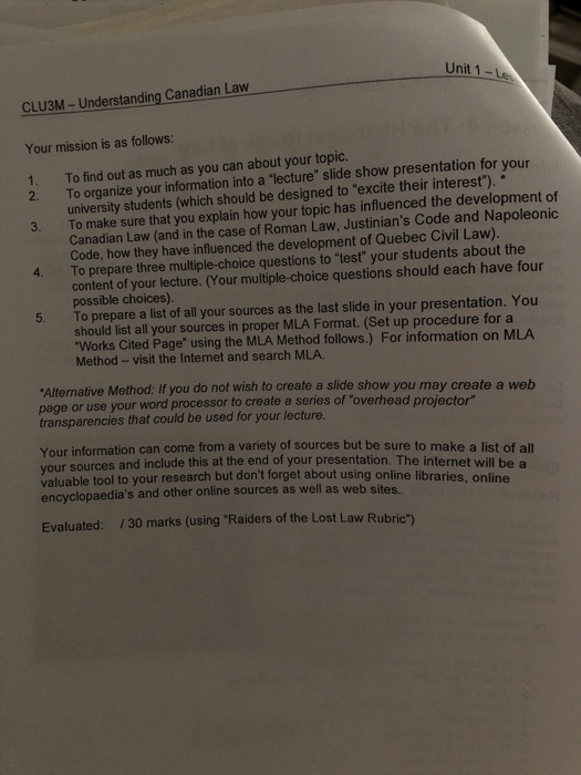 CLU3M-Understanding Canadian Law Unit 1 - Lesson 4 | Chegg.com