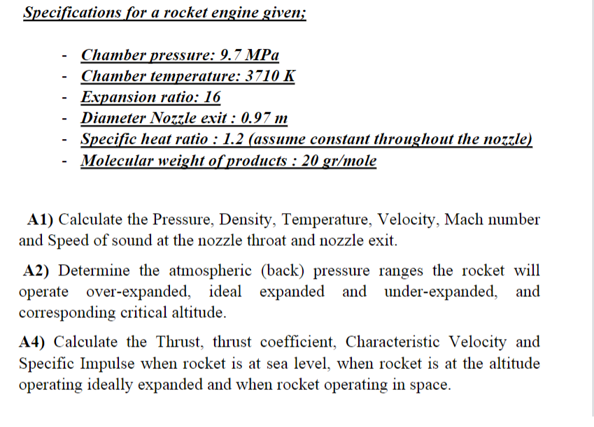 Solved Specifications for a rocket engine given; - Chamber | Chegg.com