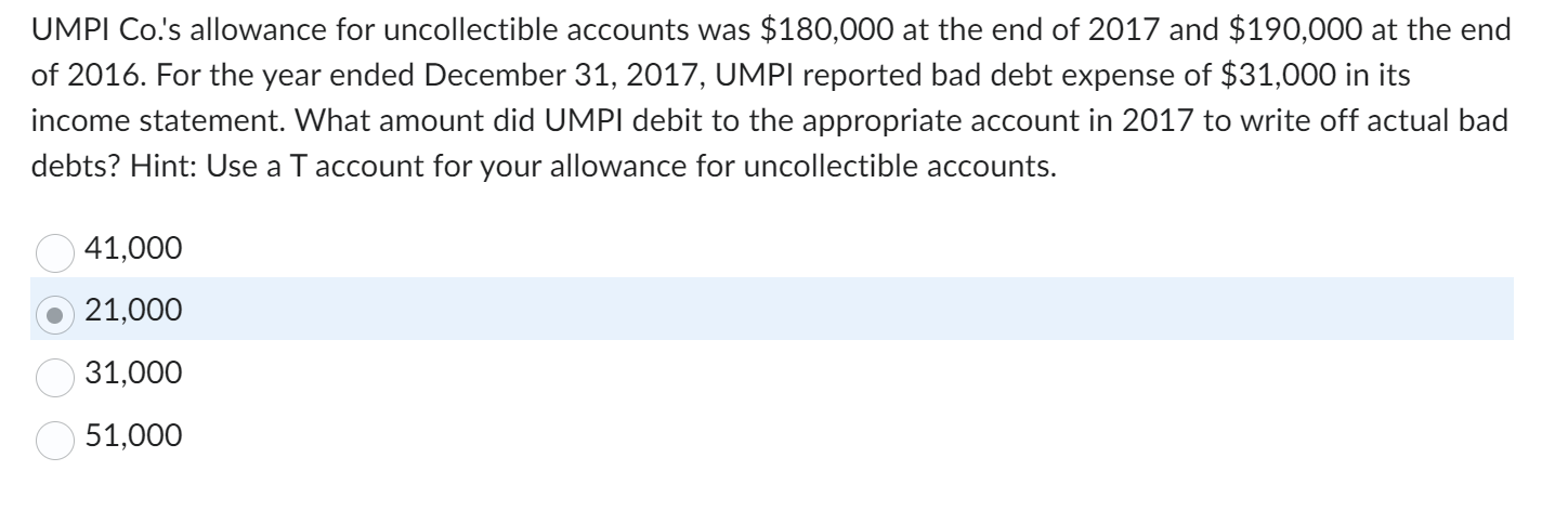 Solved UMPI Co.'s allowance for uncollectible accounts was | Chegg.com