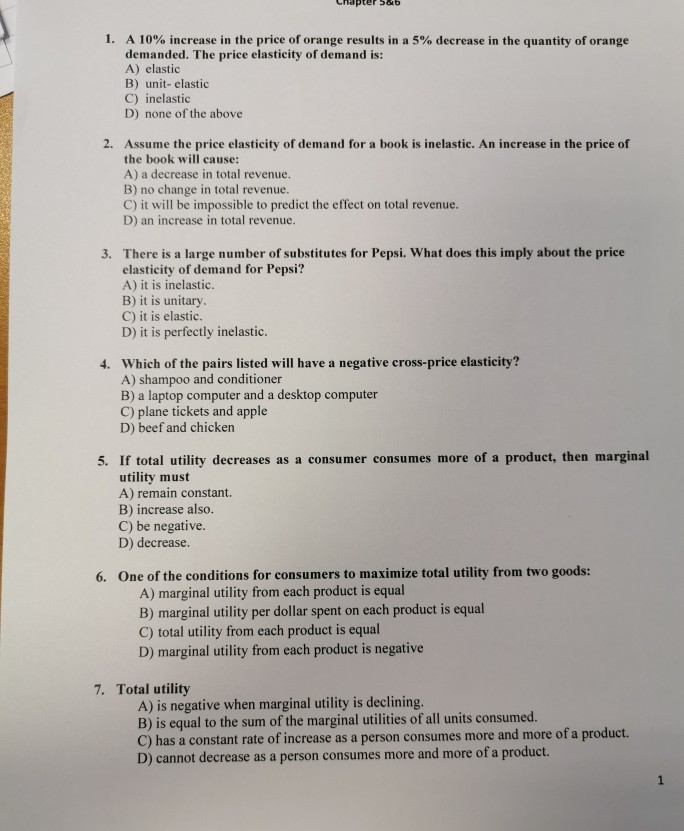 Solved Chapter 5&6 1. A 10% increase in the price of orange | Chegg.com