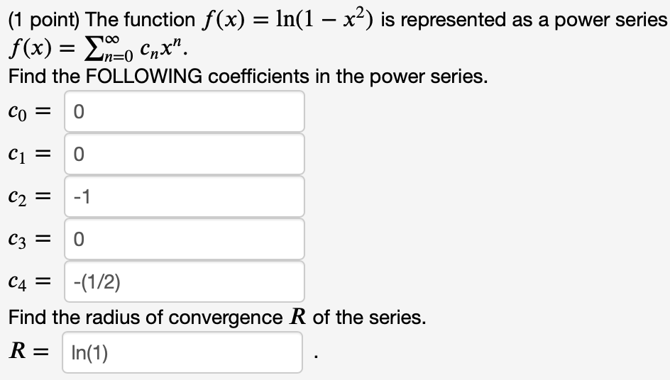 Solved (1 point) The function f(x) = ln(1 – x2) is | Chegg.com