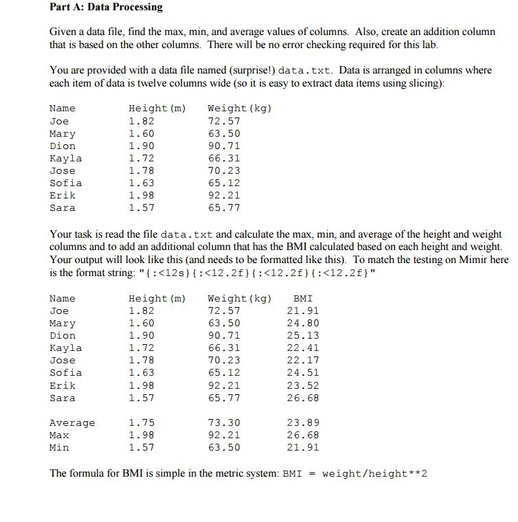 Solved Part A: Data Processing Given a data file, find the | Chegg.com