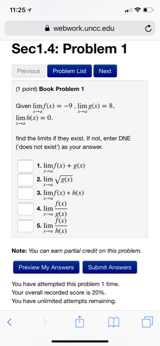 Solved 11:25 을 webwork.uncc.edu Sec1.4: Problem 1 Previous | Chegg.com