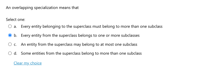Solved An overlapping specialization means that Select one: | Chegg.com
