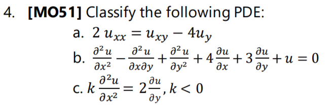 Solved - 4. [MO51] Classify the following PDЕ: a. 2 ихх : - | Chegg.com