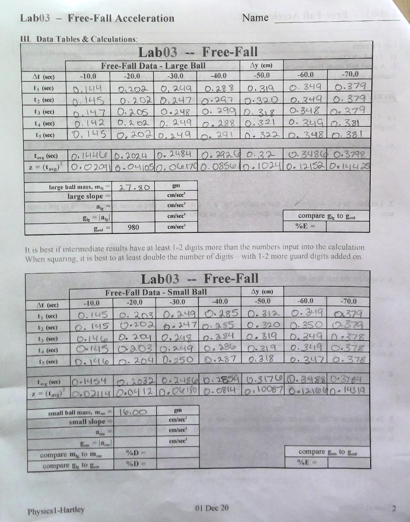 Solved Lab03 – Free-Fall Acceleration Name -70.0 TIL Data | Chegg.com