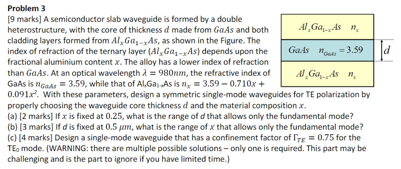 Solved Problem 3[9 ﻿marks] ﻿A semiconductor slab waveguide | Chegg.com
