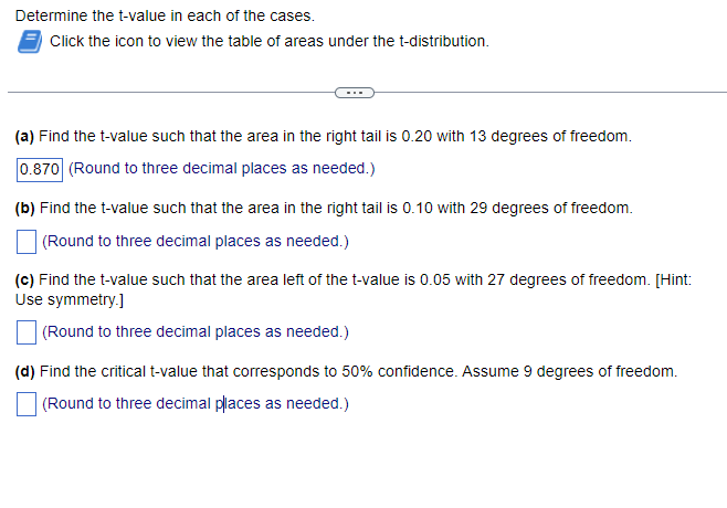 Solved Determine the t-value in each of the cases. Click the | Chegg.com