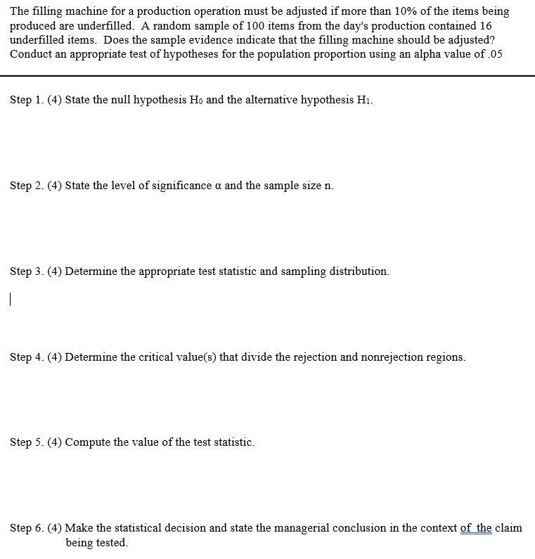 Solved The filling machine for a production operation must | Chegg.com