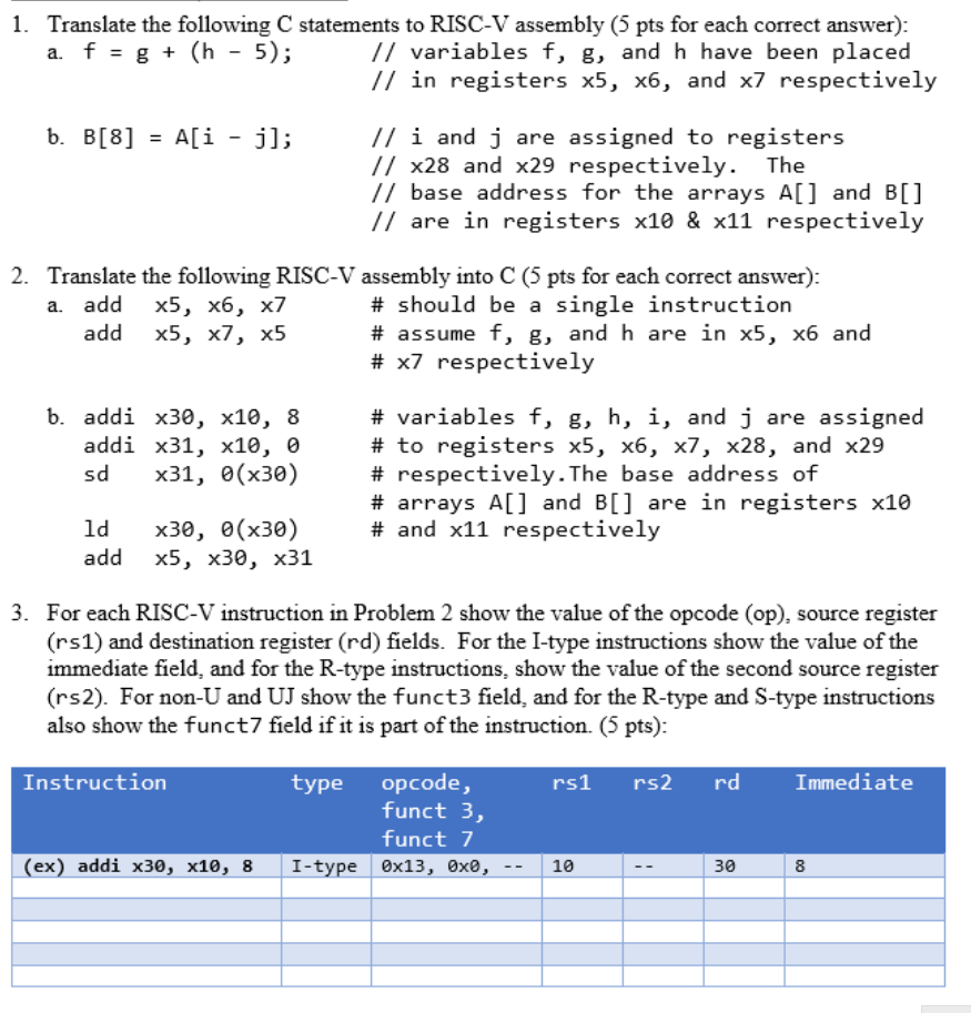 Solved 1. Translate the following C statements to RISC-V | Chegg.com