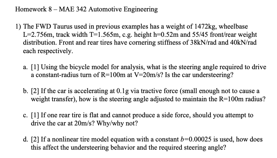 Solved Homework 8 – MAE 342 Automotive Engineering 1) The | Chegg.com